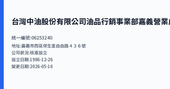 台灣中油股份有限公司油品行銷事業部嘉義營業處北興加油站的照片-統編 06253240(嘉義市) 公司登記資料與營業項目詳細圖表