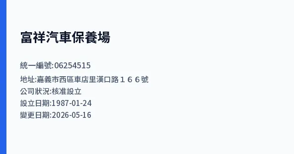 富祥汽車保養場的照片-統編 06254515(嘉義市) 公司登記資料與營業項目詳細圖表