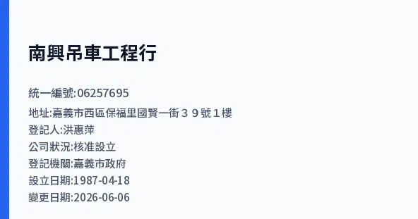 南興吊車工程行的照片-統編 06257695(嘉義市) 公司登記資料與營業項目詳細圖表