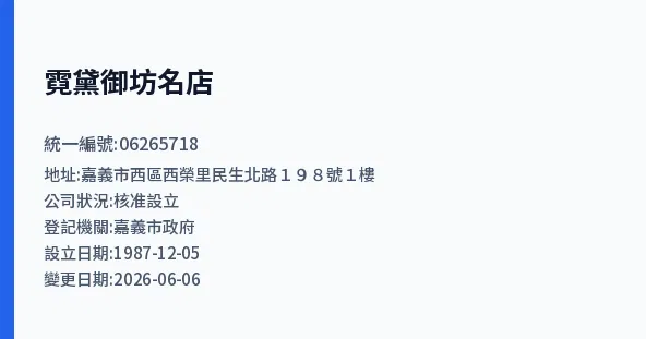 霓黛御坊名店的照片-統編 06265718(嘉義市) 公司登記資料與營業項目詳細圖表