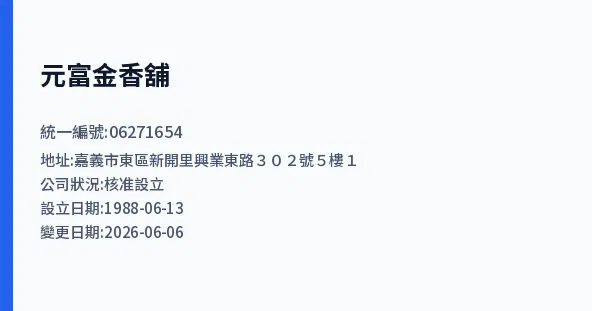 元富金香舖的照片-統編 06271654(嘉義市) 公司登記資料與營業項目詳細圖表