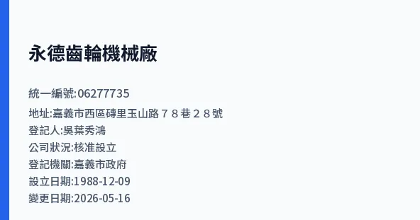 永德齒輪機械廠的照片-統編 06277735(嘉義市) 公司登記資料與營業項目詳細圖表