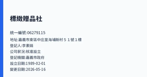 標緻贈品社的照片-統編 06279115(嘉義市) 公司登記資料與營業項目詳細圖表