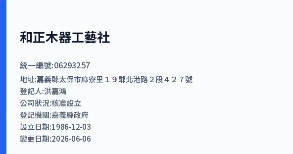 和正木器工藝社的照片-統編 06293257(嘉義縣) 公司登記資料與營業項目詳細圖表