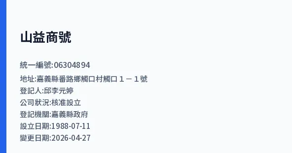 山益商號的照片-統編 06304894(嘉義縣) 公司登記資料與營業項目詳細圖表