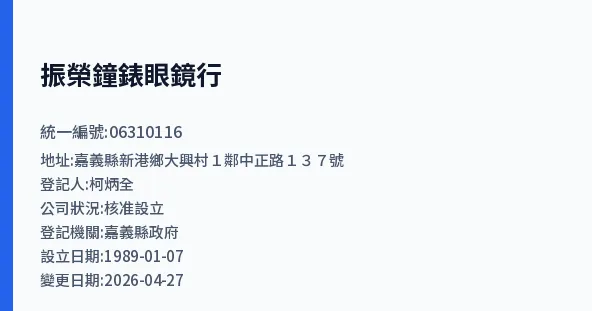 振榮鐘錶眼鏡行的照片-統編 06310116(嘉義縣) 公司登記資料與營業項目詳細圖表