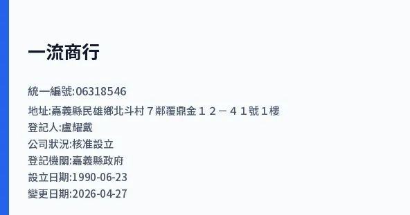 一流商行的照片-統編 06318546(嘉義縣) 公司登記資料與營業項目詳細圖表
