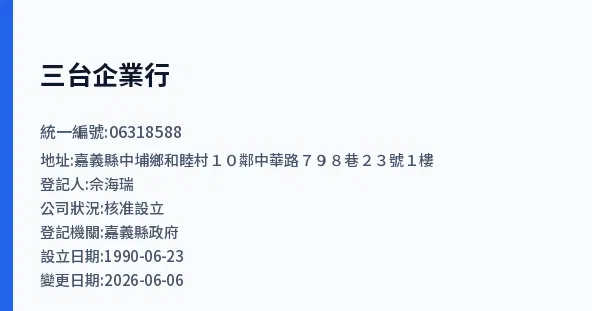 三台企業行的照片-統編 06318588(嘉義縣) 公司登記資料與營業項目詳細圖表
