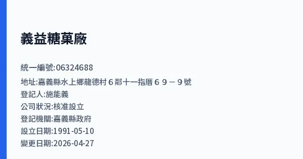 義益糖菓廠的照片-統編 06324688(嘉義縣) 公司登記資料與營業項目詳細圖表