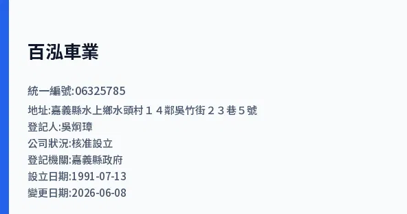 百泓車業的照片-統編 06325785(嘉義縣) 公司登記資料與營業項目詳細圖表