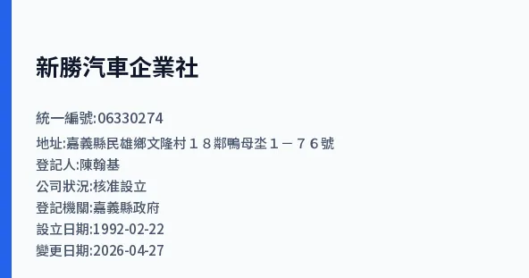 新勝汽車企業社的照片-統編 06330274(嘉義縣) 公司登記資料與營業項目詳細圖表