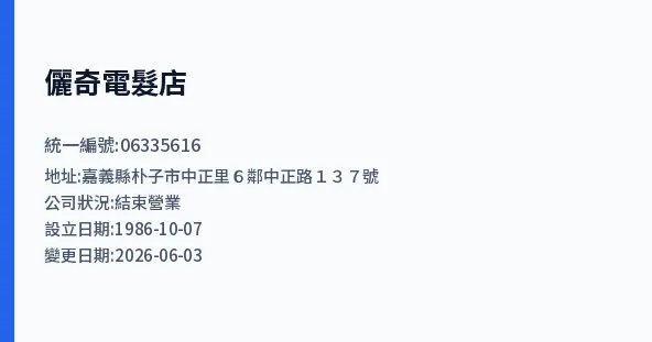 儷奇電髮店的照片-統編 06335616(嘉義縣) 公司登記資料與營業項目詳細圖表