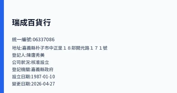 瑞成百貨行的照片-統編 06337086(嘉義縣) 公司登記資料與營業項目詳細圖表