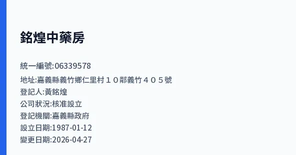 銘煌中藥房的照片-統編 06339578(嘉義縣) 公司登記資料與營業項目詳細圖表