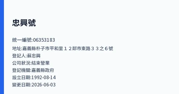 忠興號的照片-統編 06353183(嘉義縣) 公司登記資料與營業項目詳細圖表