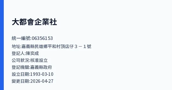 大都會企業社的照片-統編 06356153(嘉義縣) 公司登記資料與營業項目詳細圖表