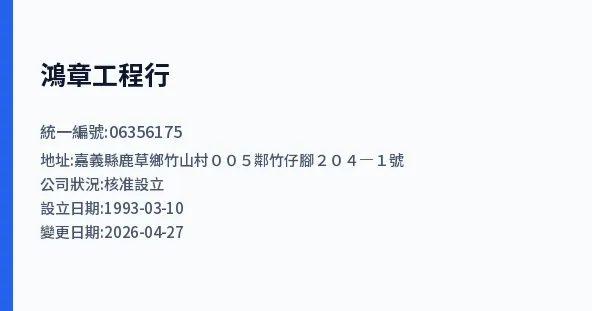 鴻章工程行的照片-統編 06356175(嘉義縣) 公司登記資料與營業項目詳細圖表