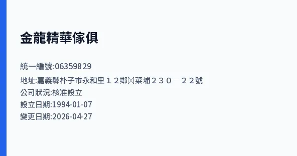 金龍精華傢俱的照片-統編 06359829(嘉義縣) 公司登記資料與營業項目詳細圖表