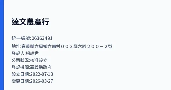 達文農產行的照片-統編 06363491(嘉義縣) 公司登記資料與營業項目詳細圖表