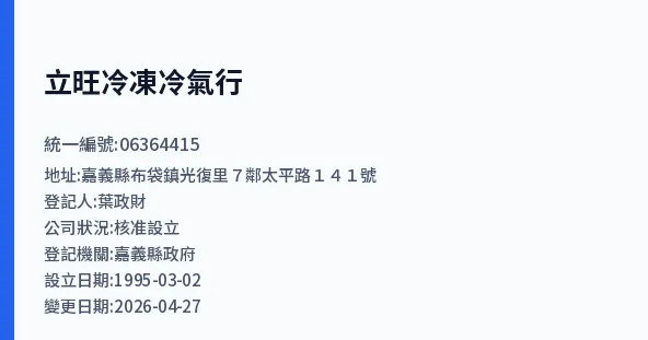 立旺冷凍冷氣行的照片-統編 06364415(嘉義縣) 公司登記資料與營業項目詳細圖表