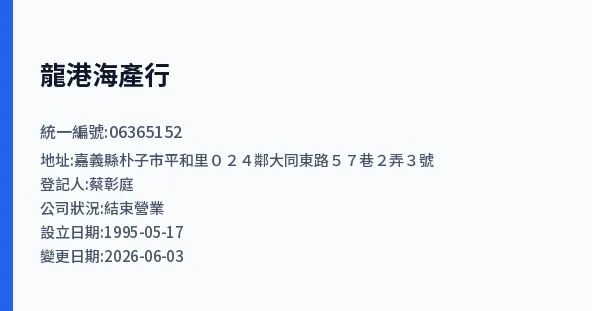 龍港海產行的照片-統編 06365152(嘉義縣) 公司登記資料與營業項目詳細圖表