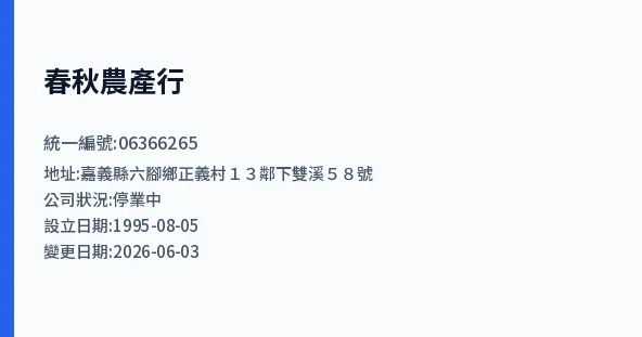 春秋農產行的照片-統編 06366265(嘉義縣) 公司登記資料與營業項目詳細圖表