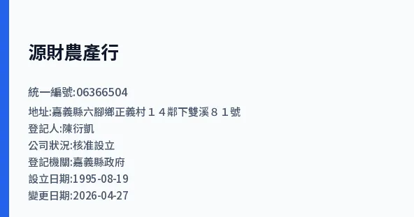 源財農產行的照片-統編 06366504(嘉義縣) 公司登記資料與營業項目詳細圖表