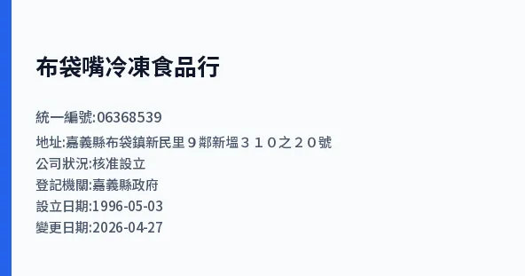 布袋嘴冷凍食品行的照片-統編 06368539(嘉義縣) 公司登記資料與營業項目詳細圖表