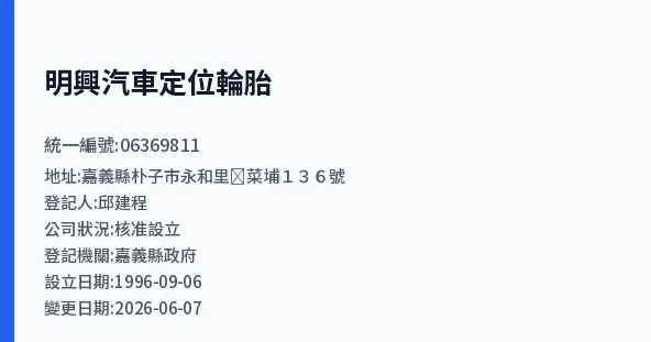 明興汽車定位輪胎的照片-統編 06369811(嘉義縣) 公司登記資料與營業項目詳細圖表