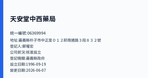 天安堂中西藥局的照片-統編 06369994(嘉義縣) 公司登記資料與營業項目詳細圖表