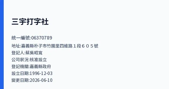 三宇打字社的照片-統編 06370789(嘉義縣) 公司登記資料與營業項目詳細圖表