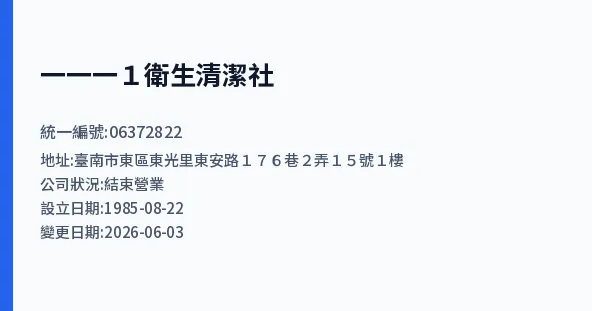 一一一1衛生清潔社的照片-統編 06372822(臺南市) 公司登記資料與營業項目詳細圖表