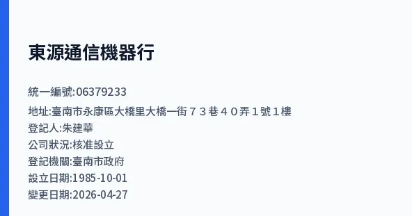 東源通信機器行的照片-統編 06379233(臺南市) 公司登記資料與營業項目詳細圖表
