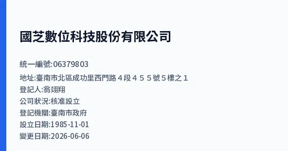 國芝數位科技股份有限公司的照片-統編 06379803(臺南市) 公司登記資料與營業項目詳細圖表