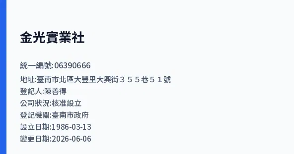 金光實業社的照片-統編 06390666(臺南市) 公司登記資料與營業項目詳細圖表