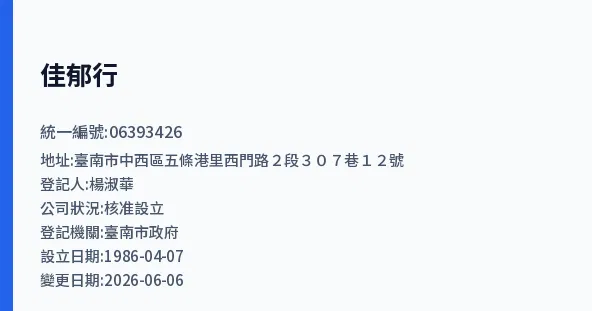 佳郁行的照片-統編 06393426(臺南市) 公司登記資料與營業項目詳細圖表
