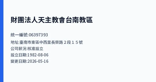 財團法人天主教會台南教區的照片-統編 06397393(臺南市) 公司登記資料與營業項目詳細圖表