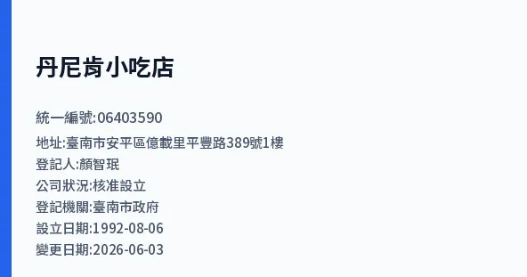 丹尼肯小吃店的照片-統編 06403590(臺南市) 公司登記資料與營業項目詳細圖表