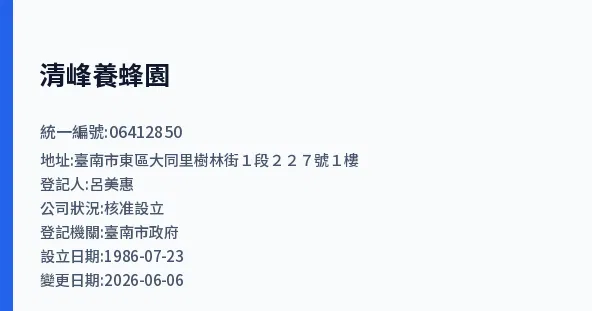 清峰養蜂園的照片-統編 06412850(臺南市) 公司登記資料與營業項目詳細圖表