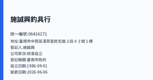 施誠興釣具行的照片-統編 06416271(臺南市) 公司登記資料與營業項目詳細圖表