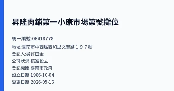 昇隆肉鋪第一小康市場第號攤位的照片-統編 06418778(臺南市) 公司登記資料與營業項目詳細圖表