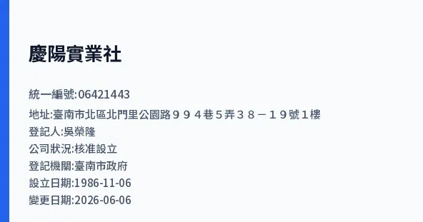 慶陽實業社的照片-統編 06421443(臺南市) 公司登記資料與營業項目詳細圖表