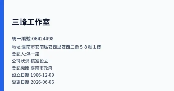 三峰工作室的照片-統編 06424498(臺南市) 公司登記資料與營業項目詳細圖表