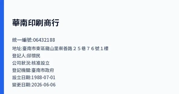 華南印刷商行的照片-統編 06432188(臺南市) 公司登記資料與營業項目詳細圖表