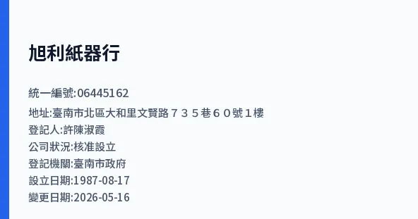 旭利紙器行的照片-統編 06445162(臺南市) 公司登記資料與營業項目詳細圖表