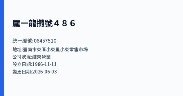 龎一龍攤號486的照片-統編 06457510(臺南市) 公司登記資料與營業項目詳細圖表