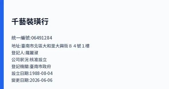 千藝裝璜行的照片-統編 06491284(臺南市) 公司登記資料與營業項目詳細圖表