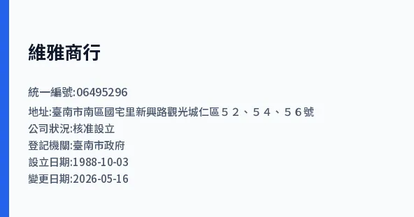 維雅商行的照片-統編 06495296(臺南市) 公司登記資料與營業項目詳細圖表