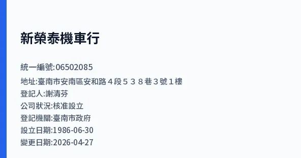 新榮泰機車行的照片-統編 06502085(臺南市) 公司登記資料與營業項目詳細圖表