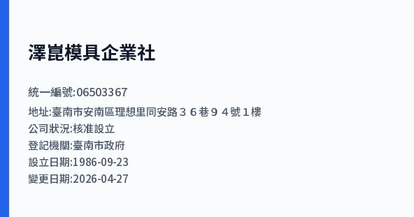 澤崑模具企業社的照片-統編 06503367(臺南市) 公司登記資料與營業項目詳細圖表